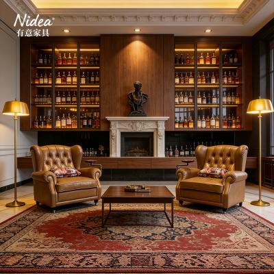 China Luxury 1919 Traditional Cigar Chair Vintage Leather Wingback Armchair Rotating Cigar Tray for Home Office Gentlemen Club for sale