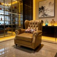 China Luxury 1919 Traditional Cigar Chair Vintage Leather Wingback Armchair Rotating Cigar Tray for Home Office Gentlemen Club for sale