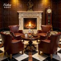 China Vintage Genuine Leather Leisure Armchair with Wooden Legs Ergonomic Design Handmade & Durable Living Room Chair for sale