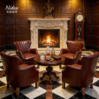 China Vintage Genuine Leather Leisure Armchair with Wooden Legs Ergonomic Design Handmade & Durable Living Room Chair for sale