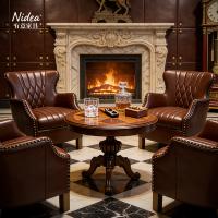 China Vintage Genuine Leather Leisure Armchair with Wooden Legs Ergonomic Design Handmade & Durable Living Room Chair for sale