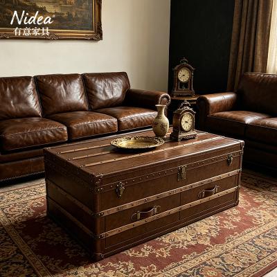 China Vintage Brown Leather Trunk Coffee Table 2 Storage Drawers Industrial Retro Design for Home Bar Living Room Multifunction for sale