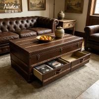 China Vintage Brown Leather Trunk Coffee Table 2 Storage Drawers Industrial Retro Design for Home Bar Living Room Multifunction for sale