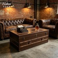 China Vintage Brown Leather Trunk Coffee Table 2 Storage Drawers Industrial Retro Design for Home Bar Living Room Multifunction for sale