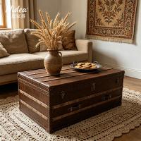 China Vintage Brown Leather Trunk Coffee Table 2 Storage Drawers Industrial Retro Design for Home Bar Living Room Multifunction for sale