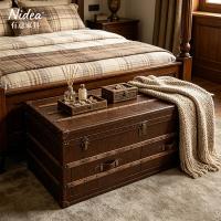 China Vintage Brown Leather Trunk Coffee Table 2 Storage Drawers Industrial Retro Design for Home Bar Living Room Multifunction for sale