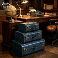 China Set 3 Vintage Stackable Storage Trunks Industrial Retro Decorative Deep Blue Faux Leather Suitcases Brass Home Bar Living Room for sale