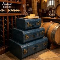 China Set 3 Vintage Stackable Storage Trunks Industrial Retro Decorative Deep Blue Faux Leather Suitcases Brass Home Bar Living Room for sale