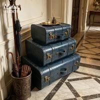 China Set 3 Vintage Stackable Storage Trunks Industrial Retro Decorative Deep Blue Faux Leather Suitcases Brass Home Bar Living Room for sale