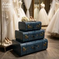 China Set 3 Vintage Stackable Storage Trunks Industrial Retro Decorative Deep Blue Faux Leather Suitcases Brass Home Bar Living Room for sale