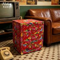 China 3-Drawer Nightstand Decorative Chinese Vintage Floral Fabric Storage Cabinet Retro Trunk Style Living Room Villa Home Furniture for sale