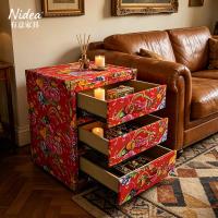 China 3-Drawer Nightstand Decorative Chinese Vintage Floral Fabric Storage Cabinet Retro Trunk Style Living Room Villa Home Furniture for sale