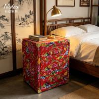 China 3-Drawer Nightstand Decorative Chinese Vintage Floral Fabric Storage Cabinet Retro Trunk Style Living Room Villa Home Furniture for sale