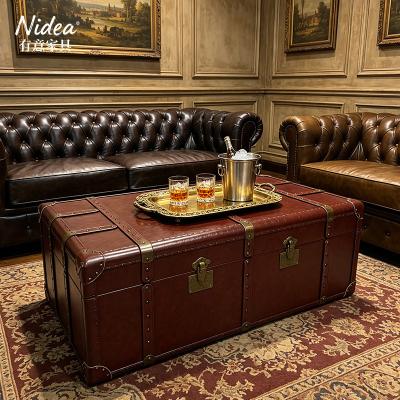 China Luxury Handmade Burgundy Leather Steamer Trunk Coffee Table Large Storage Chest Vintage Campaign Design Antique Living Room for sale