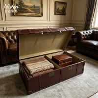 China Luxury Handmade Burgundy Leather Steamer Trunk Coffee Table Large Storage Chest Vintage Campaign Design Antique Living Room for sale