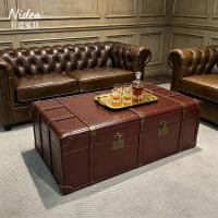 China Luxury Handmade Burgundy Leather Steamer Trunk Coffee Table Large Storage Chest Vintage Campaign Design Antique Living Room for sale