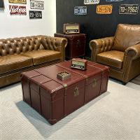 China Luxury Handmade Burgundy Leather Steamer Trunk Coffee Table Large Storage Chest Vintage Campaign Design Antique Living Room for sale
