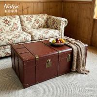 China Luxury Handmade Burgundy Leather Steamer Trunk Coffee Table Large Storage Chest Vintage Campaign Design Antique Living Room for sale