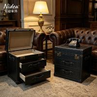 China Vintage Industrial Black Leather Trunk Nightstand 2-Drawer Storage Cabinet Bedside Table with Lift-Top Club Bar Living Room for sale