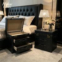 China Vintage Industrial Black Leather Trunk Nightstand 2-Drawer Storage Cabinet Bedside Table with Lift-Top Club Bar Living Room for sale