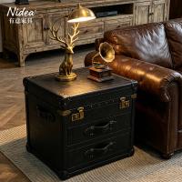 China Vintage Industrial Black Leather Trunk Nightstand 2-Drawer Storage Cabinet Bedside Table with Lift-Top Club Bar Living Room for sale