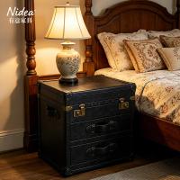 China Vintage Industrial Black Leather Trunk Nightstand 2-Drawer Storage Cabinet Bedside Table with Lift-Top Club Bar Living Room for sale