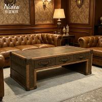 China Luxury Vintage Leather Coffee Table with 3 Drawers Handmade Campaign Style for Home Bar & Living Room Brass Corners & Rivets for sale