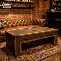 China Luxury Vintage Leather Coffee Table with 3 Drawers Handmade Campaign Style for Home Bar & Living Room Brass Corners & Rivets for sale