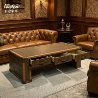 China Luxury Vintage Leather Coffee Table with 3 Drawers Handmade Campaign Style for Home Bar & Living Room Brass Corners & Rivets for sale