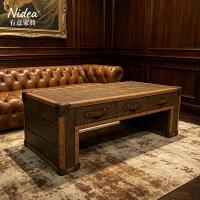 China Luxury Vintage Leather Coffee Table with 3 Drawers Handmade Campaign Style for Home Bar & Living Room Brass Corners & Rivets for sale