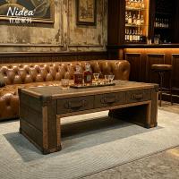 China Luxury Vintage Leather Coffee Table with 3 Drawers Handmade Campaign Style for Home Bar & Living Room Brass Corners & Rivets for sale