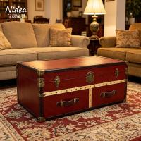 China Vintage Burgundy Faux Leather Steamer Trunk Storage Chest Wood Trim Coffee Table with Antique Hardware for Living Room Hotel Use for sale