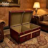 China Vintage Burgundy Faux Leather Steamer Trunk Storage Chest Wood Trim Coffee Table with Antique Hardware for Living Room Hotel Use for sale