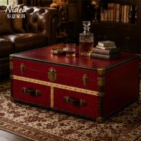 China Vintage Burgundy Faux Leather Steamer Trunk Storage Chest Wood Trim Coffee Table with Antique Hardware for Living Room Hotel Use for sale