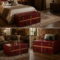 China Vintage Burgundy Faux Leather Steamer Trunk Storage Chest Wood Trim Coffee Table with Antique Hardware for Living Room Hotel Use for sale