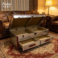 China Industrial Aviator Aluminum Trunk Coffee Table Vintage Storage Chest with Burgundy Leather Trim Drawers for Home Bar Living Room for sale
