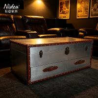 China Industrial Aviator Aluminum Trunk Coffee Table Vintage Storage Chest with Burgundy Leather Trim Drawers for Home Bar Living Room for sale