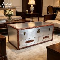 China Industrial Aviator Aluminum Trunk Coffee Table Vintage Storage Chest with Burgundy Leather Trim Drawers for Home Bar Living Room for sale