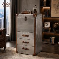 China Wholesale Vintage Aviator Aluminum Chest of Drawers Industrial Metal Trunk Cabinet with Leather Accents & 3 Drawers for sale