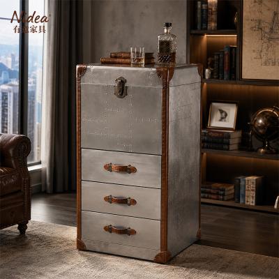 China Wholesale Vintage Aviator Aluminum Chest of Drawers Industrial Metal Trunk Cabinet with Leather Accents & 3 Drawers for sale