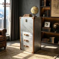 China Wholesale Vintage Aviator Aluminum Chest of Drawers Industrial Metal Trunk Cabinet with Leather Accents & 3 Drawers for sale