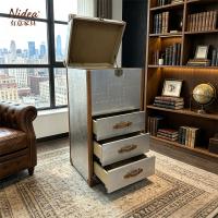 China Wholesale Vintage Aviator Aluminum Chest of Drawers Industrial Metal Trunk Cabinet with Leather Accents & 3 Drawers for sale