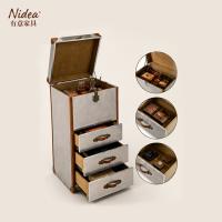 China Wholesale Vintage Aviator Aluminum Chest of Drawers Industrial Metal Trunk Cabinet with Leather Accents & 3 Drawers for sale