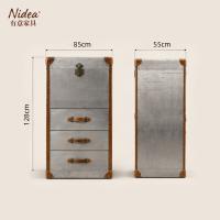 China Wholesale Vintage Aviator Aluminum Chest of Drawers Industrial Metal Trunk Cabinet with Leather Accents & 3 Drawers for sale