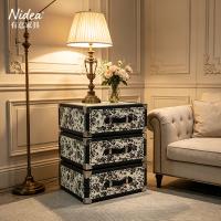 China Vintage Floral Trunk Storage Cabinet 360-Degree Rotating 3-Drawer Nightstand French Chic Leather End Table for Bedroom for sale