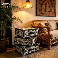 China Vintage Floral Trunk Storage Cabinet 360-Degree Rotating 3-Drawer Nightstand French Chic Leather End Table for Bedroom for sale