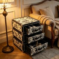China Vintage Floral Trunk Storage Cabinet 360-Degree Rotating 3-Drawer Nightstand French Chic Leather End Table for Bedroom for sale