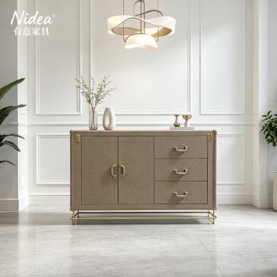China Modern Luxury Leather Sideboard Cabinet with Gold Metal Legs 3-Drawer 2-Door Buffet Credenza for Living Room Dining Room for sale