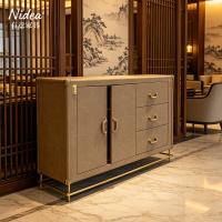China Modern Luxury Leather Sideboard Cabinet with Gold Metal Legs 3-Drawer 2-Door Buffet Credenza for Living Room Dining Room for sale