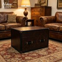 China Vintage Brown Leather Trunk Coffee Table 2-Drawer Storage Nightstand with Black Velvet Lining Retro Campaign Style End Table for sale